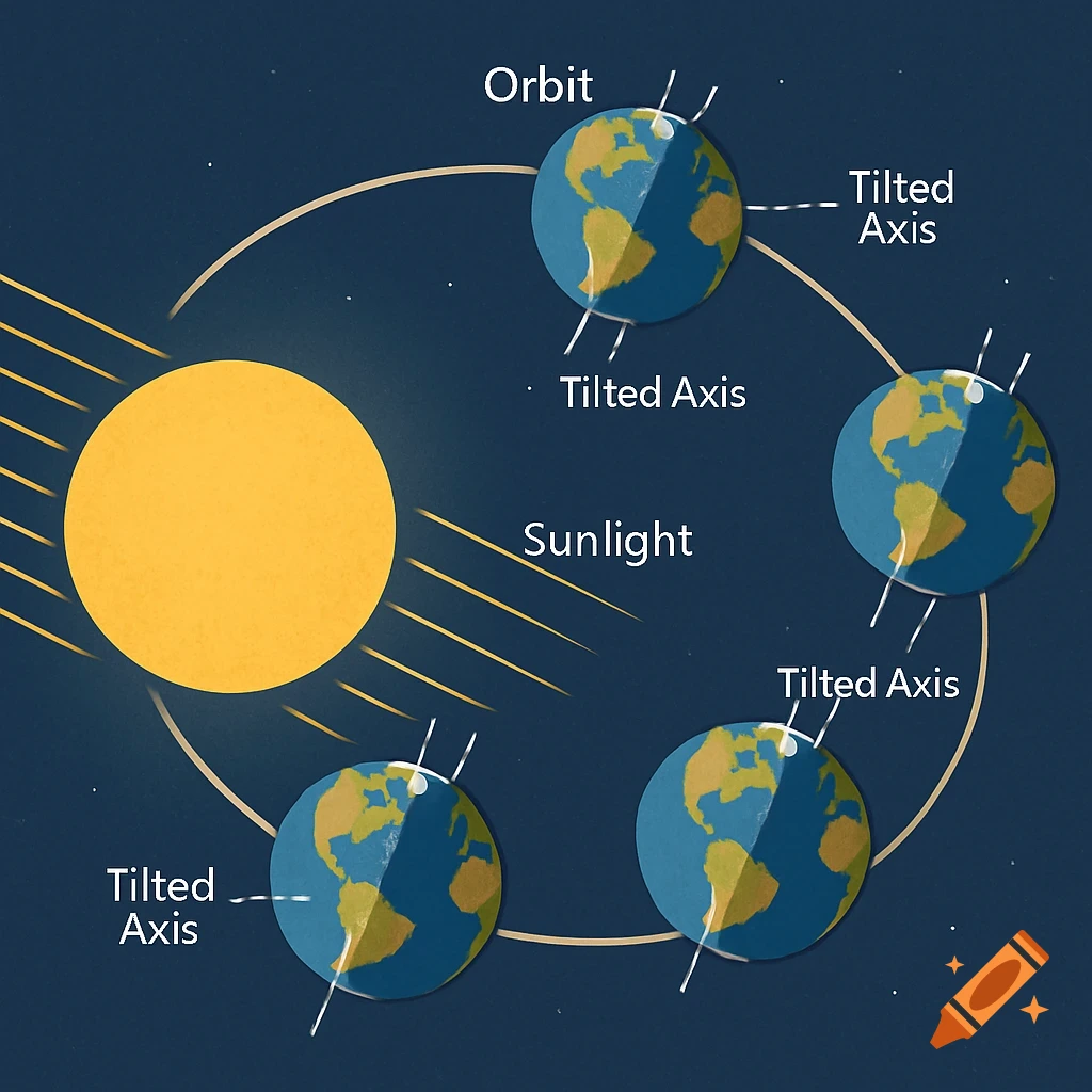 Diagram showing Earth's tilted axis and orbit around the sun explaining ...