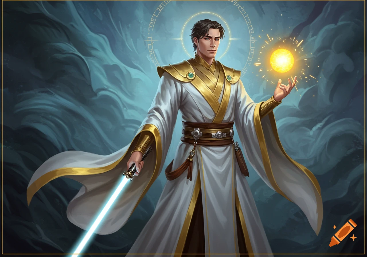 Illustration of a man in white and gold robes holding a blue lightsaber ...