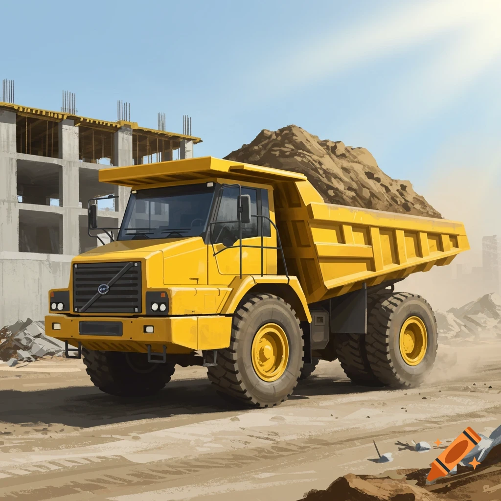 A yellow dump truck full of dirt at a construction site. on Craiyon