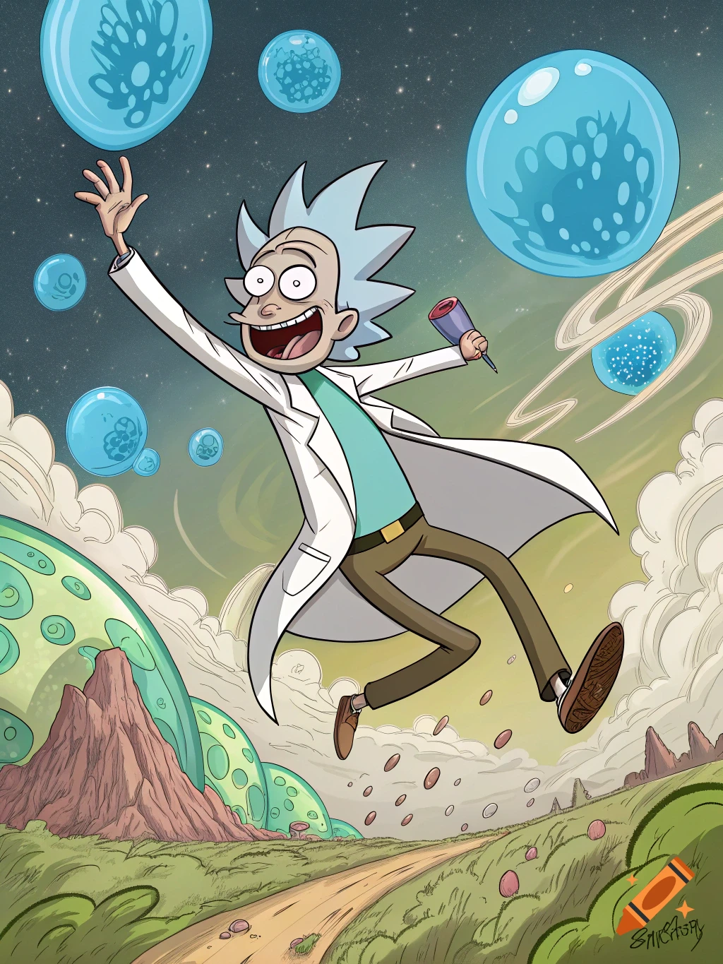 Rick Sanchez flies through an alien landscape with strange plants and ...