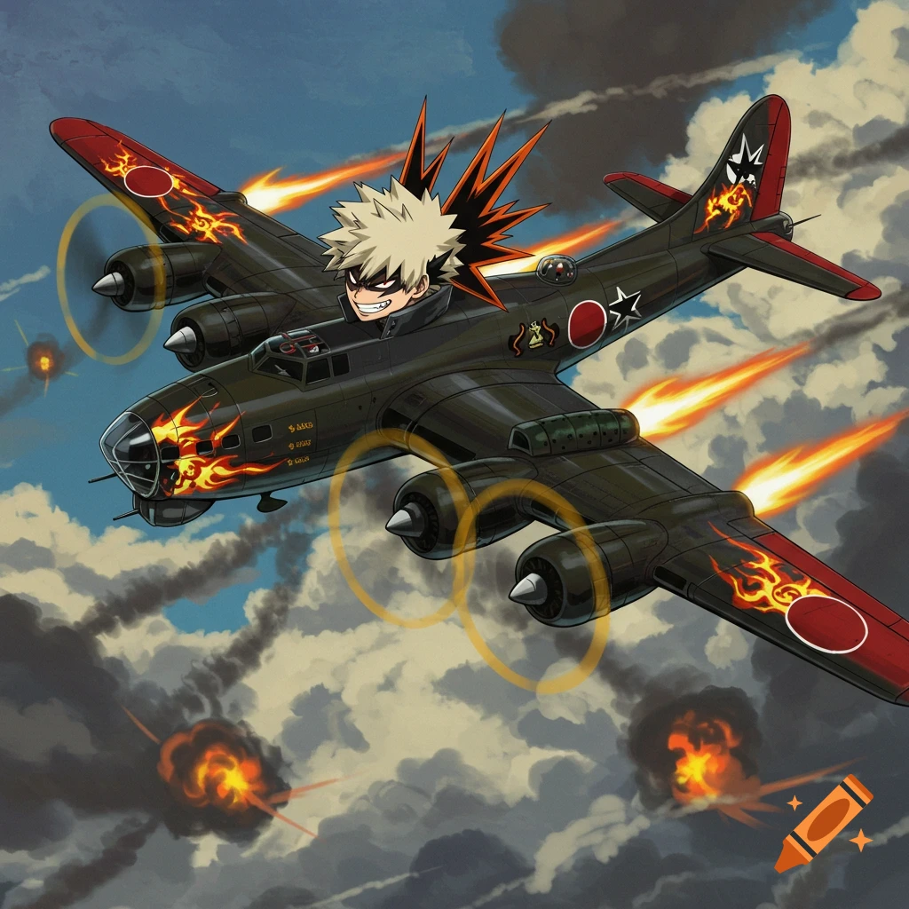 Anime character Bakugo in a bomber plane flying through clouds with ...