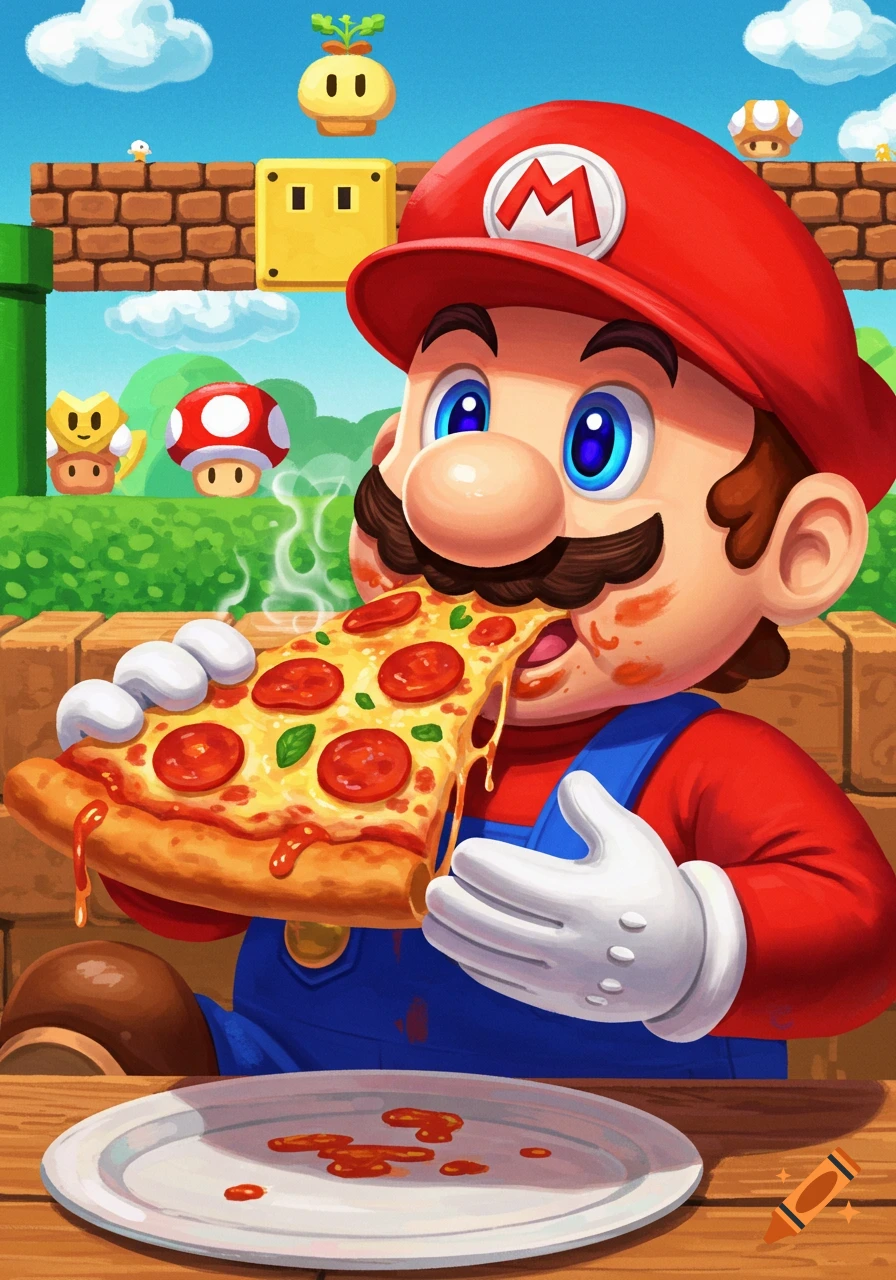 Mario eating a slice of pizza in a Super Mario Bros. level. on Craiyon