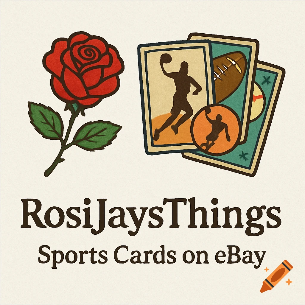 Stylized illustration logo with a red rose, sports cards featuring ...