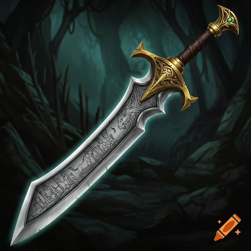 A detailed fantasy sword with intricate engravings on the blade, set ...