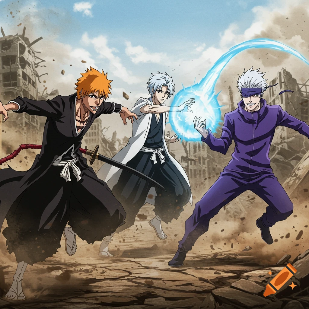 Anime style illustration of Ichigo, Toshiro, and Gojo fighting in a ...