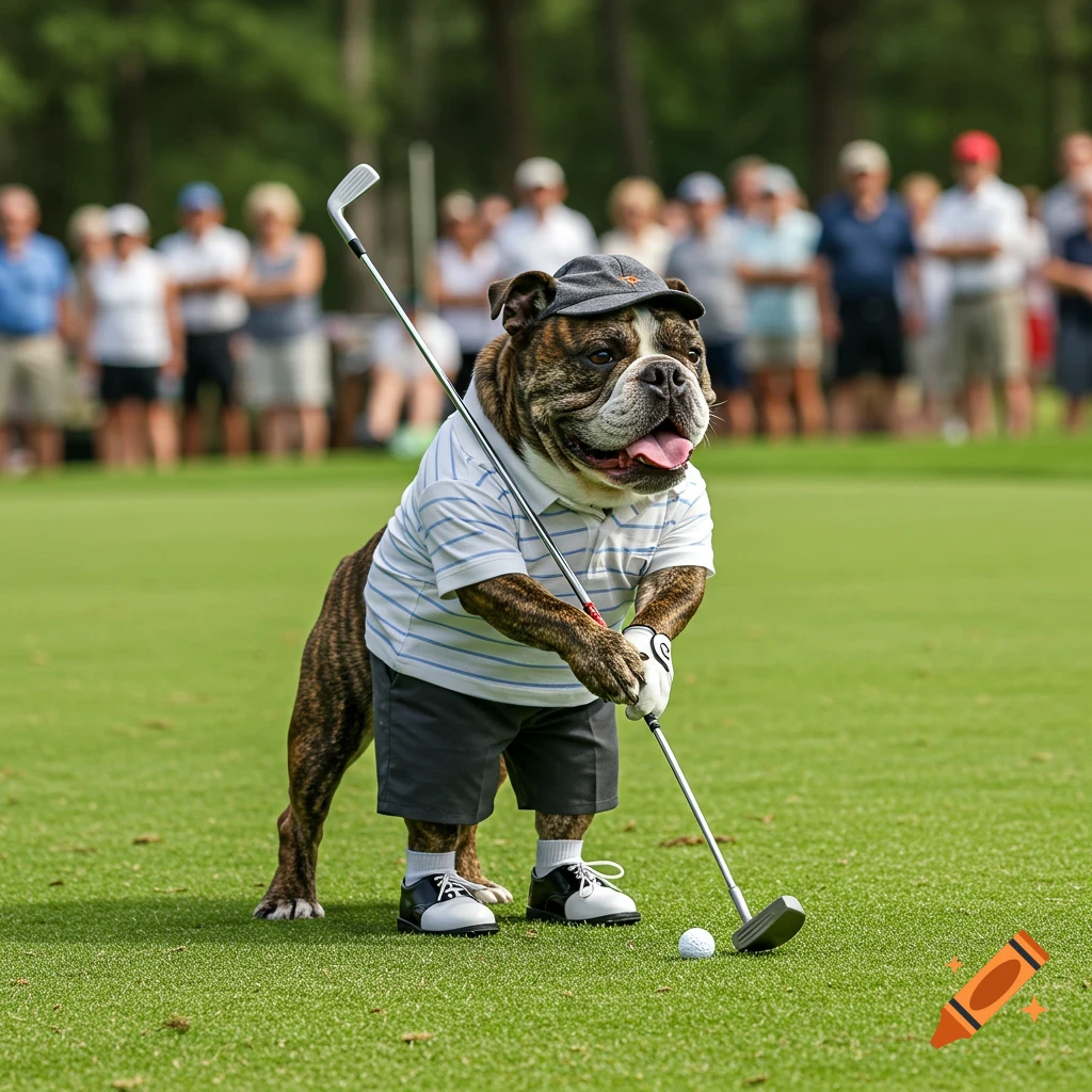 Bulldog in golf attire swings a club on a golf course on Craiyon