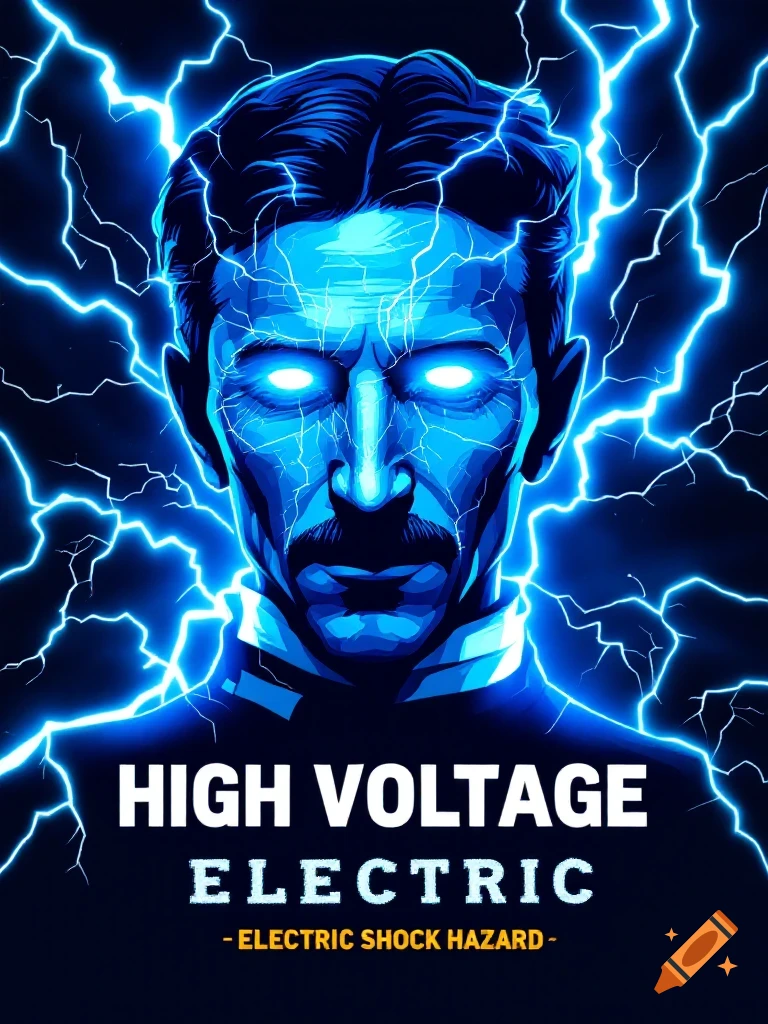 Dramatic graphic portrait of Nikola Tesla with glowing eyes surrounded ...