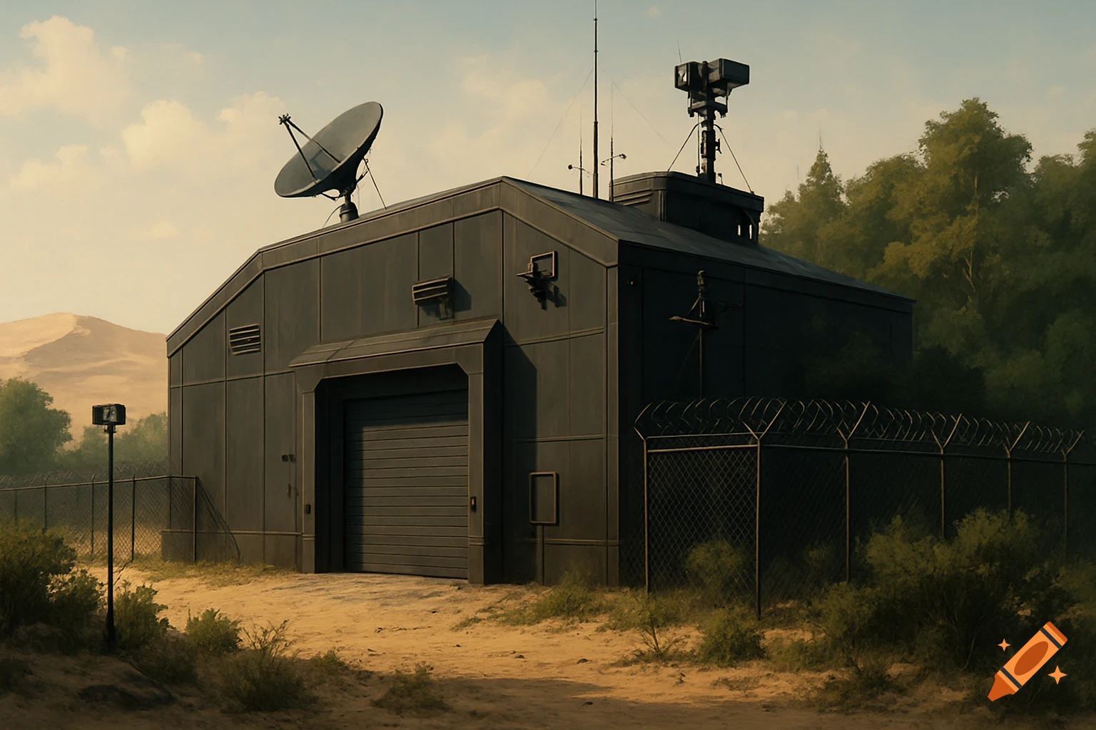 A secure, dark metal tactical operations building with a large roller ...