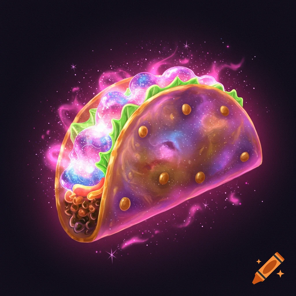 A vibrant, glowing taco filled with galaxy colors on a dark background ...