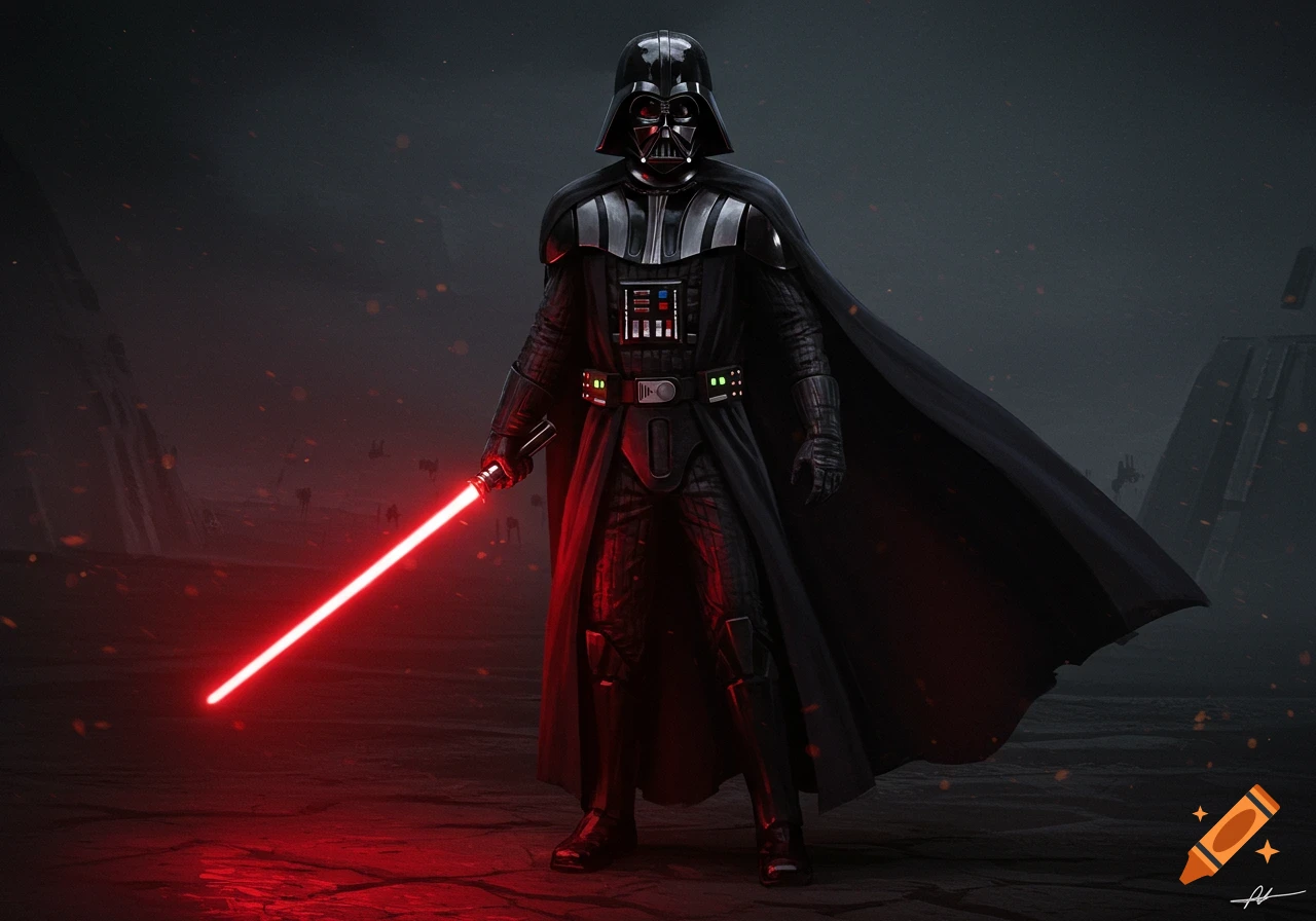 Darth Vader stands holding a red lightsaber in a dark, smoky environment on Craiyon