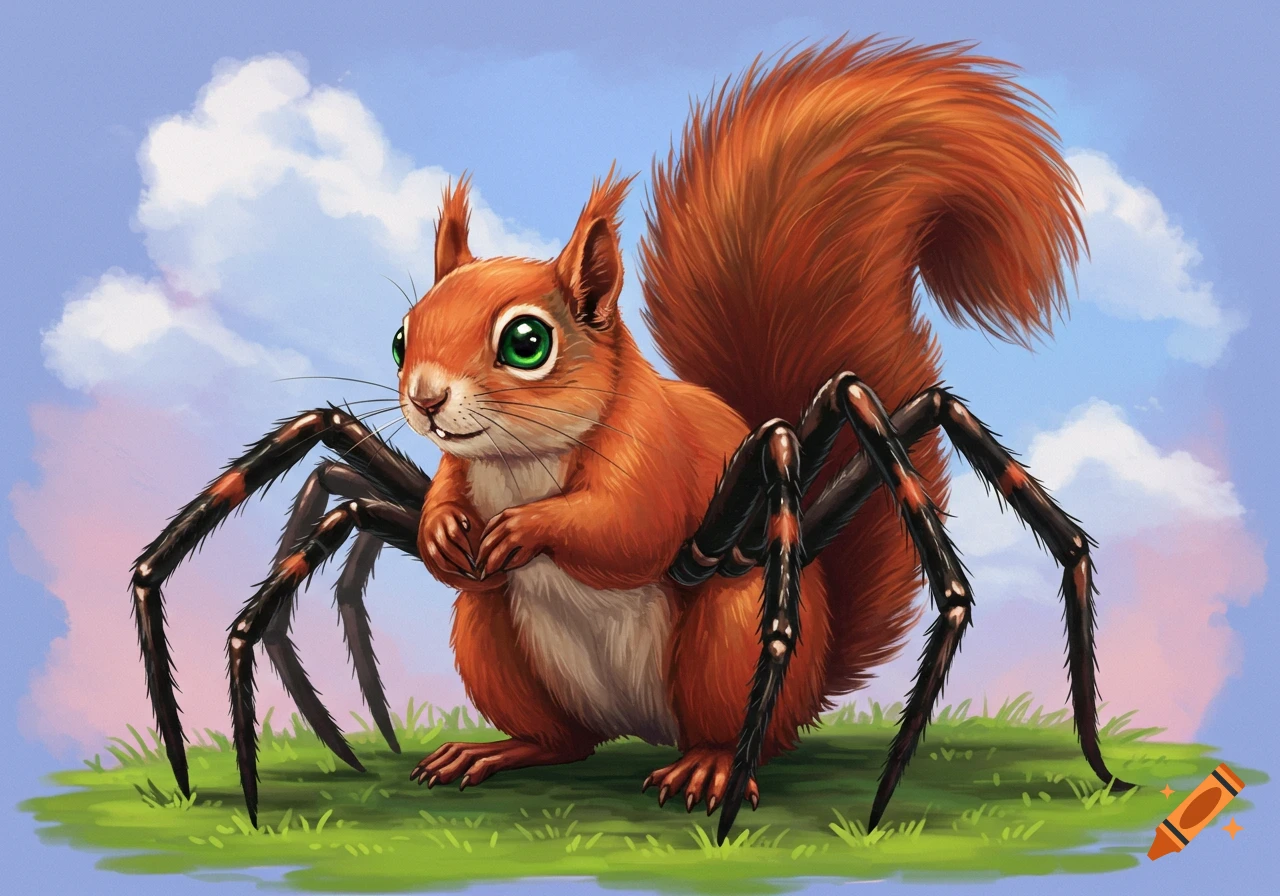 An illustration of a spider squirrel standing on grass under a blue sky ...