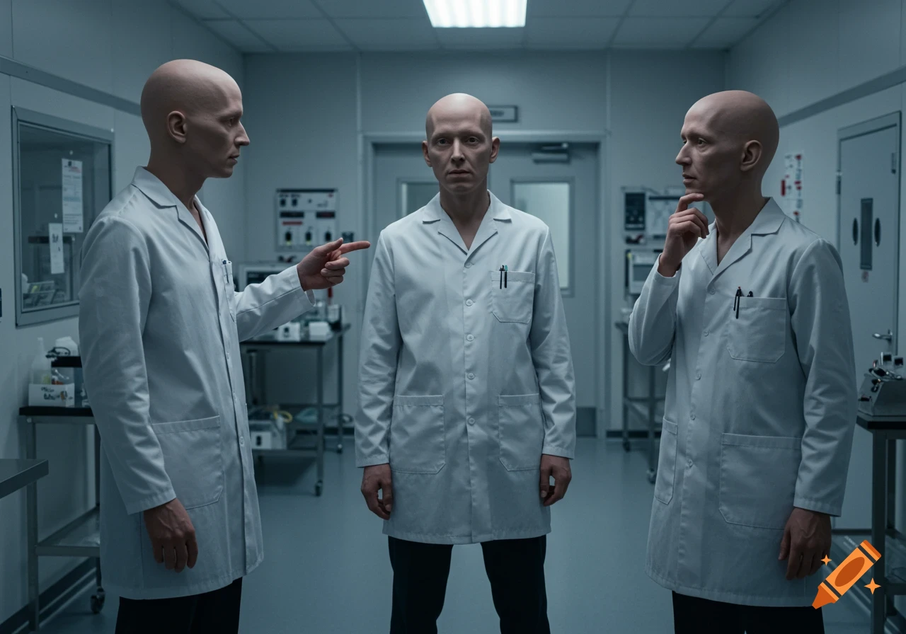 Three bald men in lab coats stand in a laboratory. One points, one ...