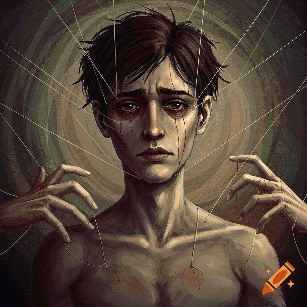 Painterly portrait of a crying person with strings attached, controlled ...