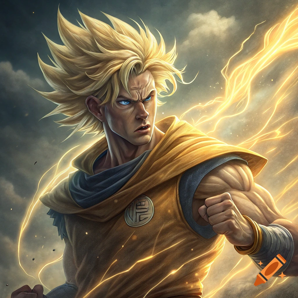 Muscular figure with spiky blonde hair and blue eyes in orange gi and ...