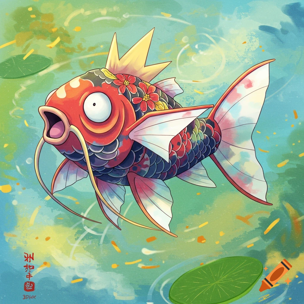 A stylized Magikarp with Irezumi-style patterns swims in water. on Craiyon