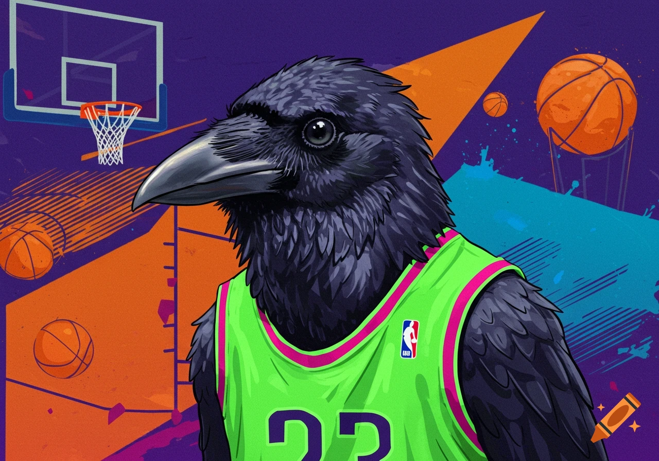 Illustration of a crow wearing a green basketball jersey with the ...