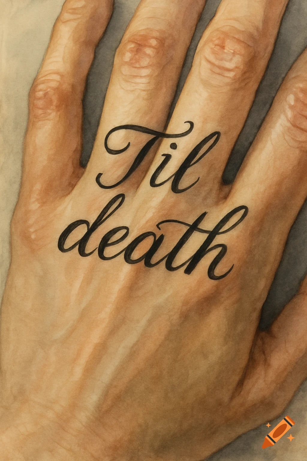 Close-up painting of a hand with 'Til death' written in cursive. on Craiyon