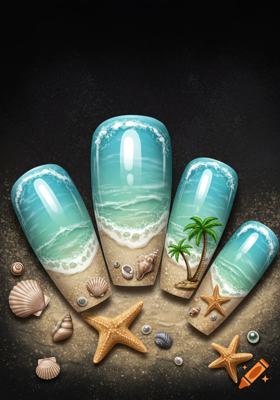 Acrylic nail art design featuring a beach scene with waves, sand, palm ...
