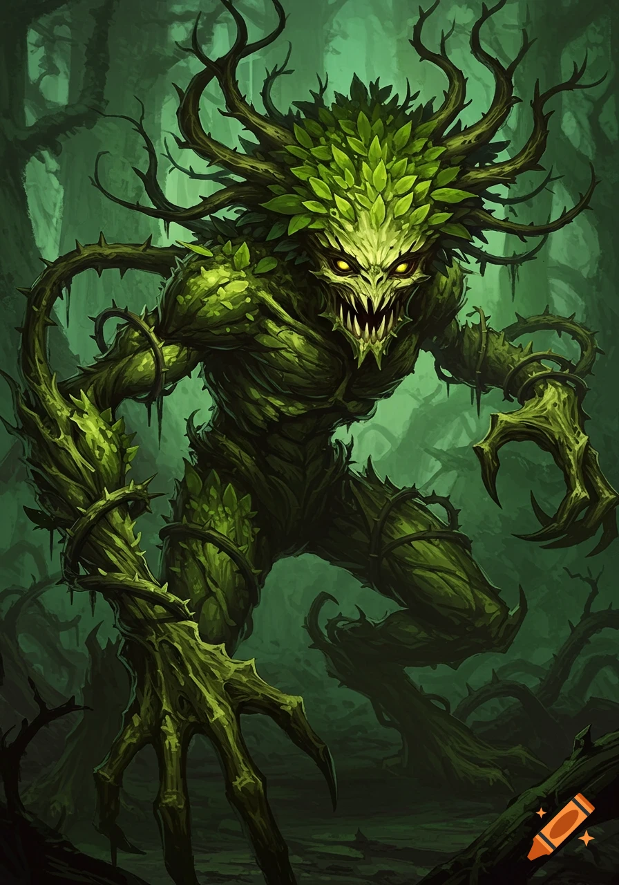 A green monster made of leaves and vines with sharp teeth and glowing ...