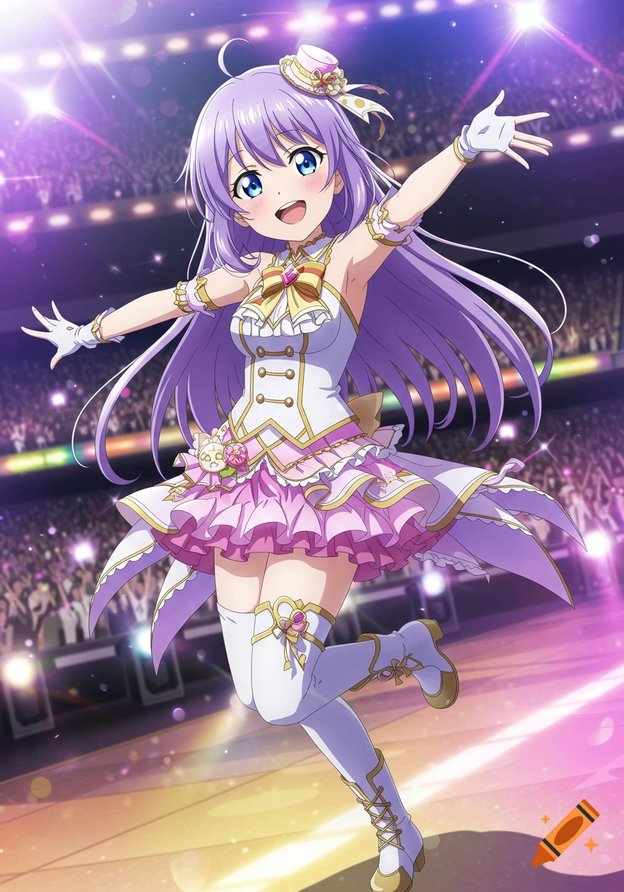 Anime girl with purple hair and blue eyes performs on stage in a ...