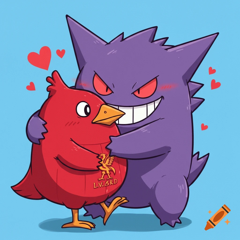 Cartoon Gengar hugging a red bird wearing a football jersey on Craiyon