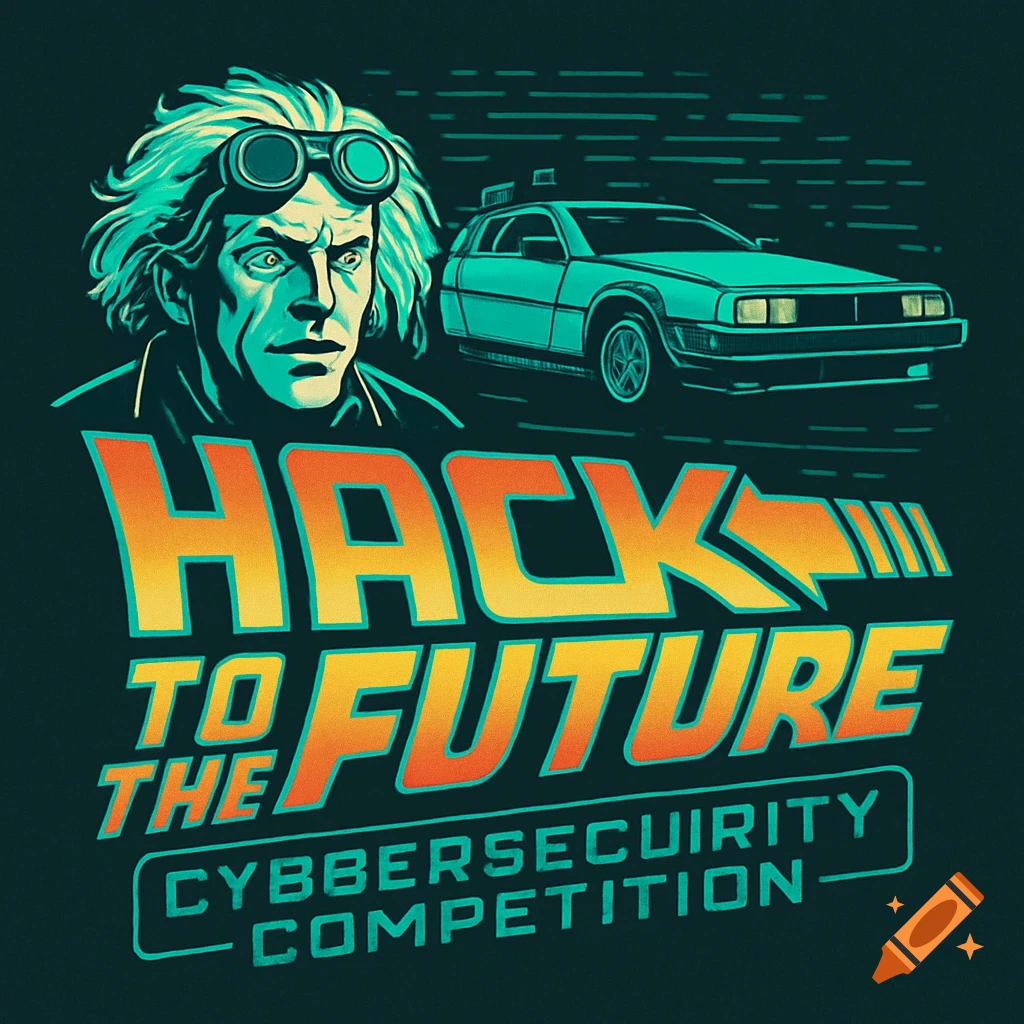 Hack to the Future logo with Doc Brown character and DeLorean car illustration on Craiyon