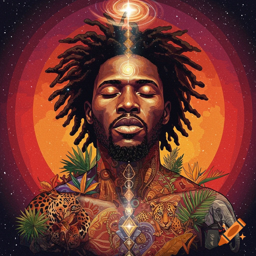 Spiritual illustration of a Black man with closed eyes, cosmic energy ...