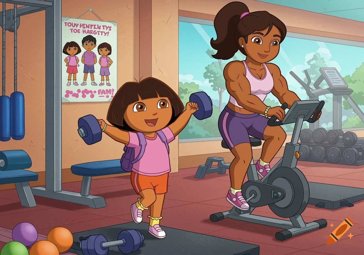 Dora the Explorer and her muscular mother exercise in a gym cartoon ...