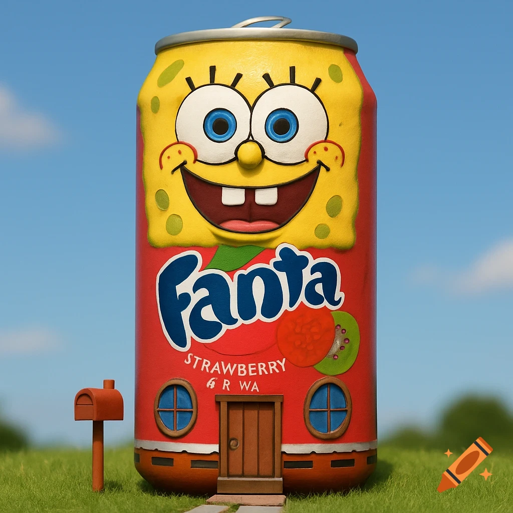 A Fanta can shaped like a house with Spongebob's face on it, standing ...