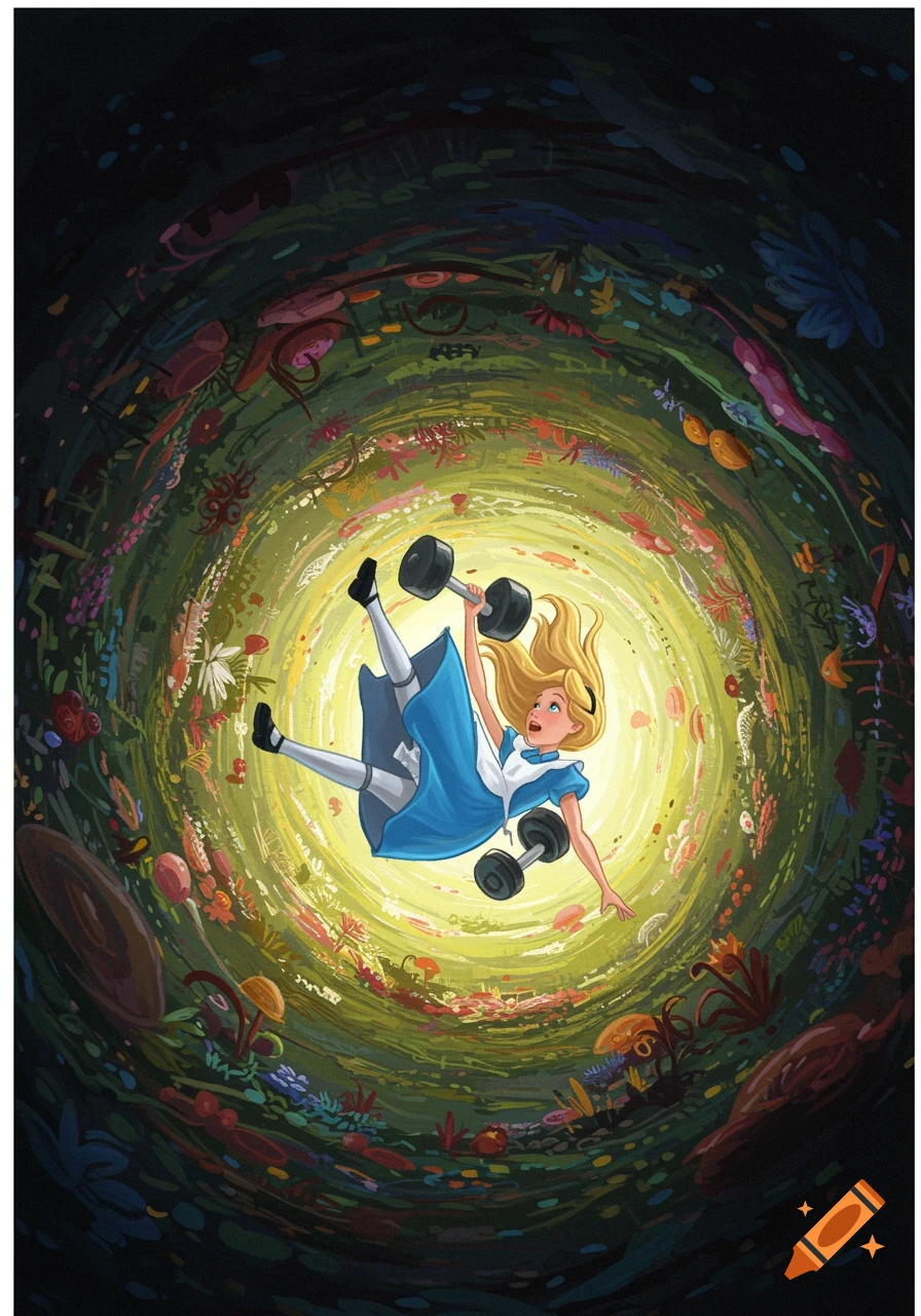 Stylized illustration of Alice falling down the rabbit hole holding ...