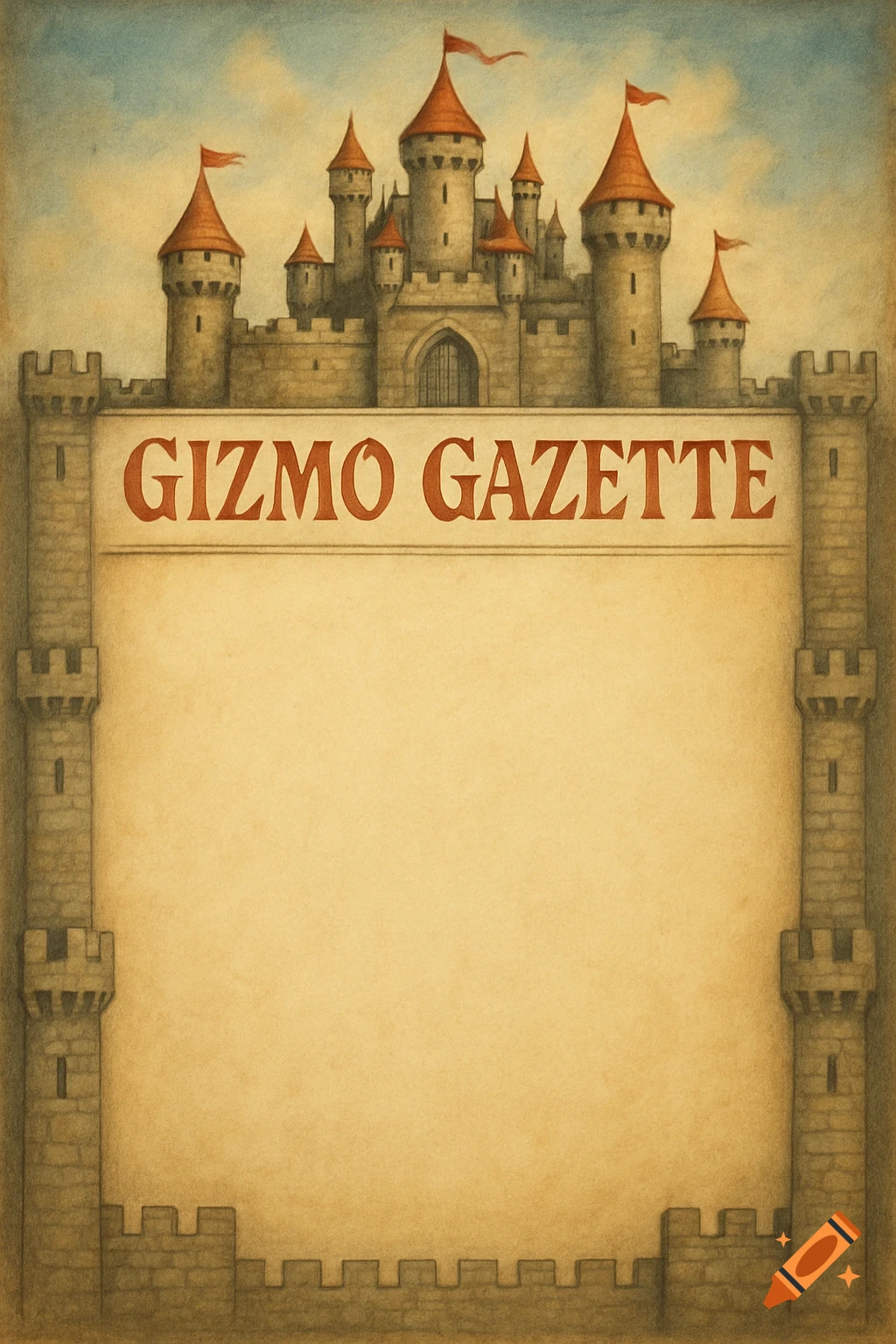 Castle themed frame with header text 'Gizmo Gazette' and blank space ...