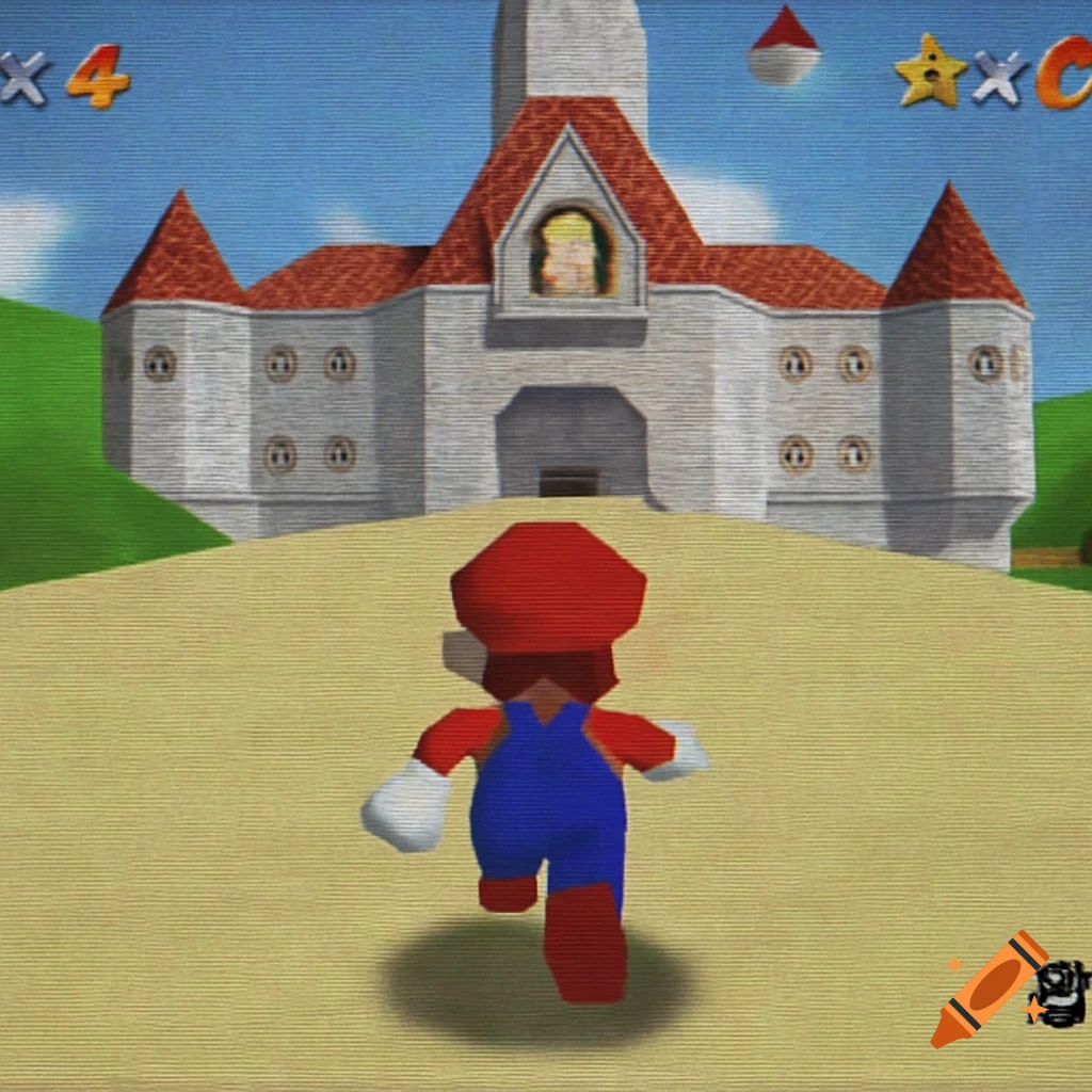 Mario running to castle in Super Mario 64 style with VHS look on Craiyon
