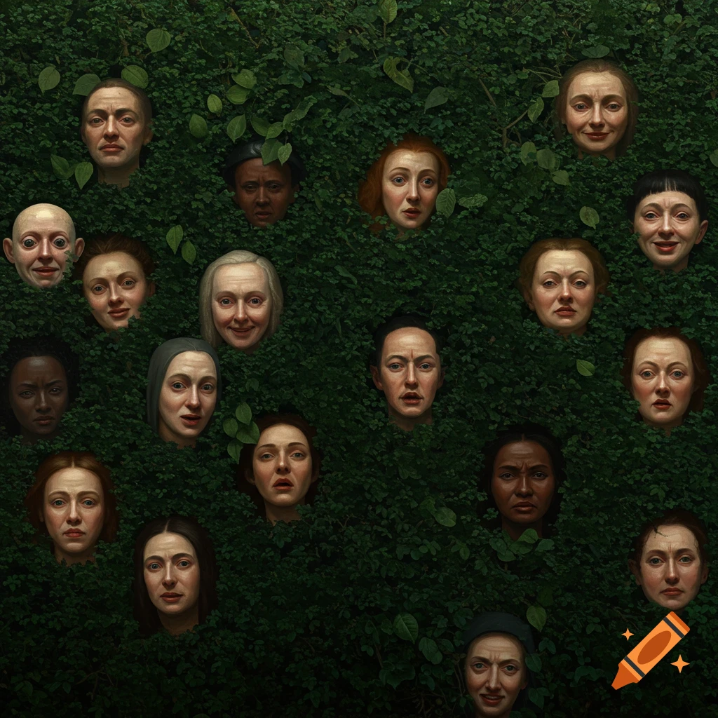Multiple human faces emerging from a dense green leafy hedge. on Craiyon