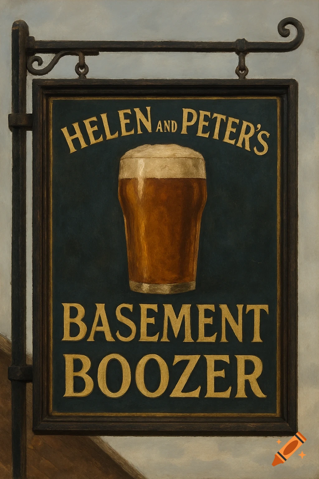 A traditional painted pub sign shows a glass of beer and the text ...