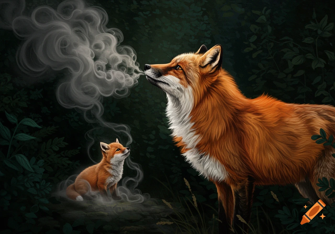 A large fox exhales smoke that forms a small fox in a dark forest. on ...