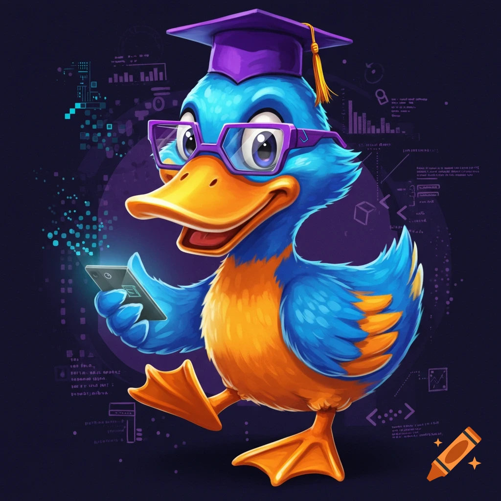 Cartoon duck mascot with graduation cap and glasses holding a ...