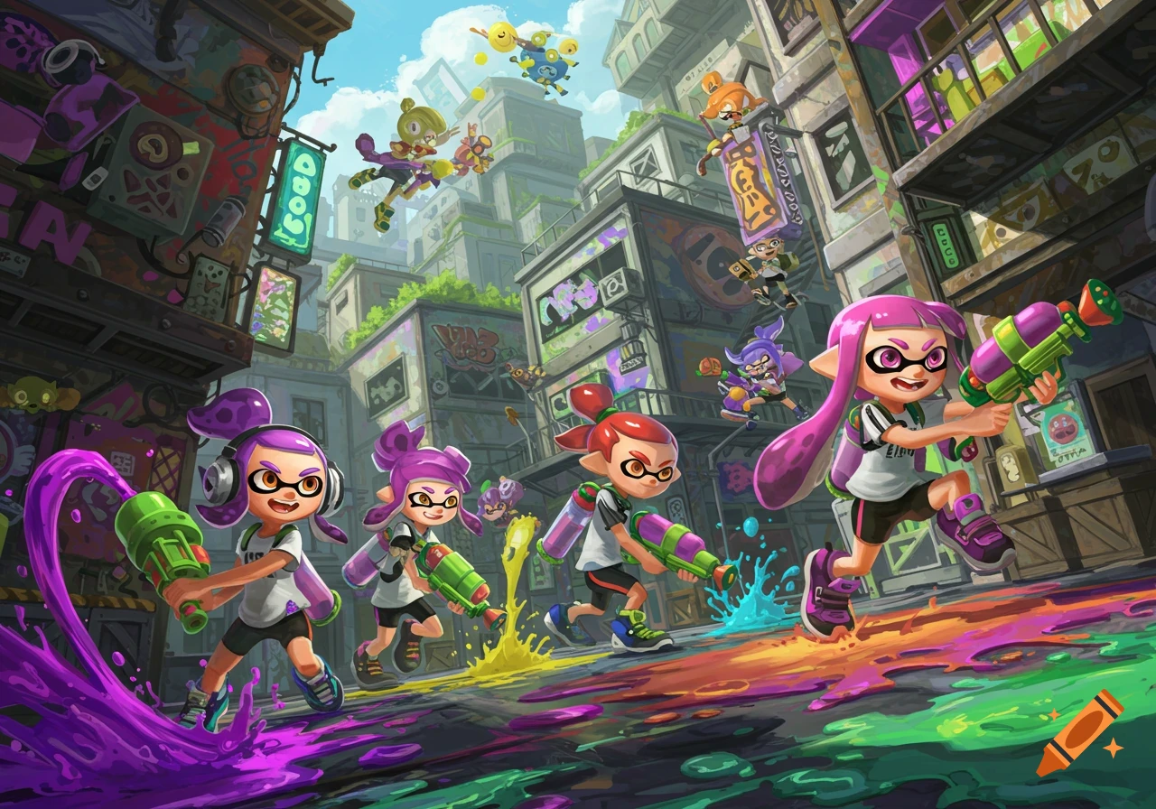Animated characters similar to Splatoon run and splatter colorful ink ...