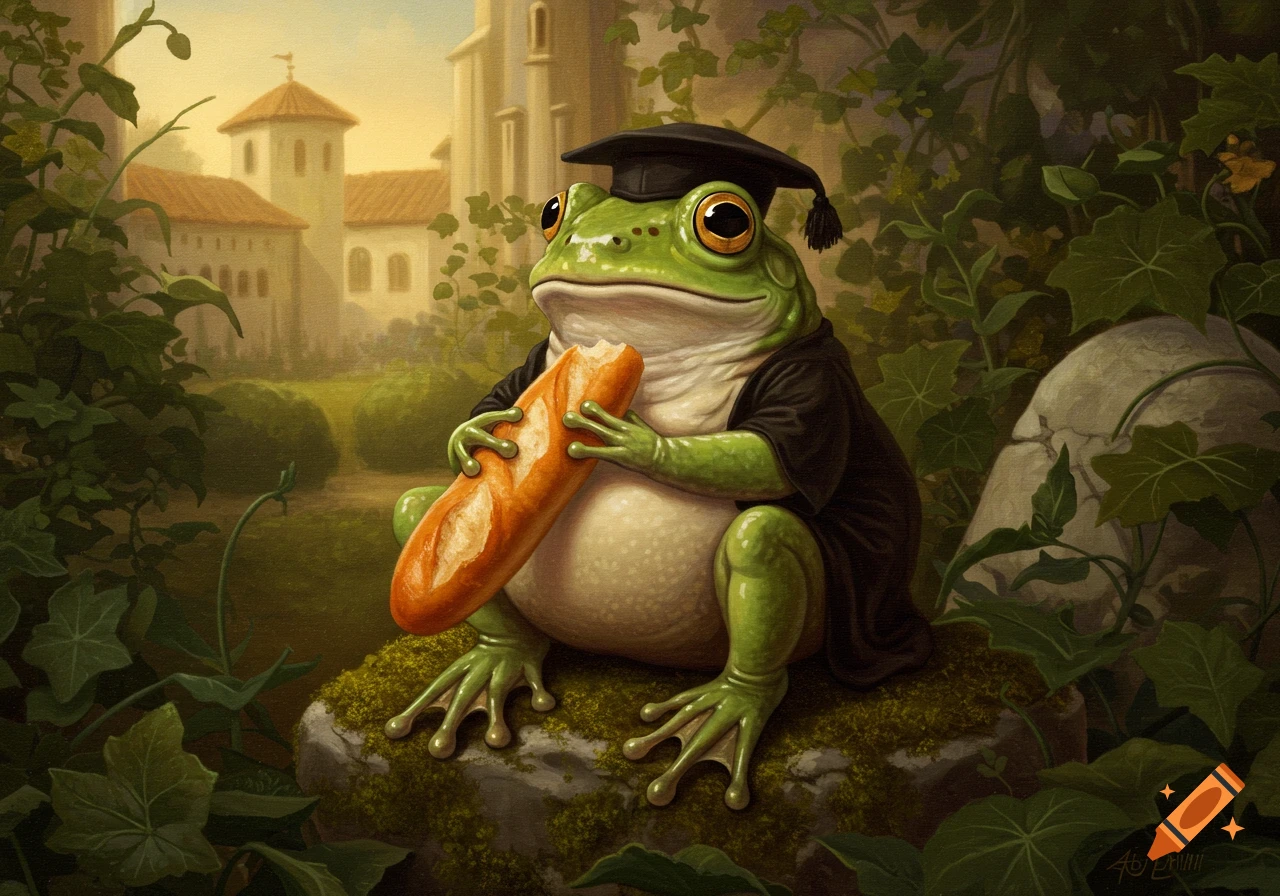 A frog in a graduation cap and gown sits on a rock and eats a baguette ...