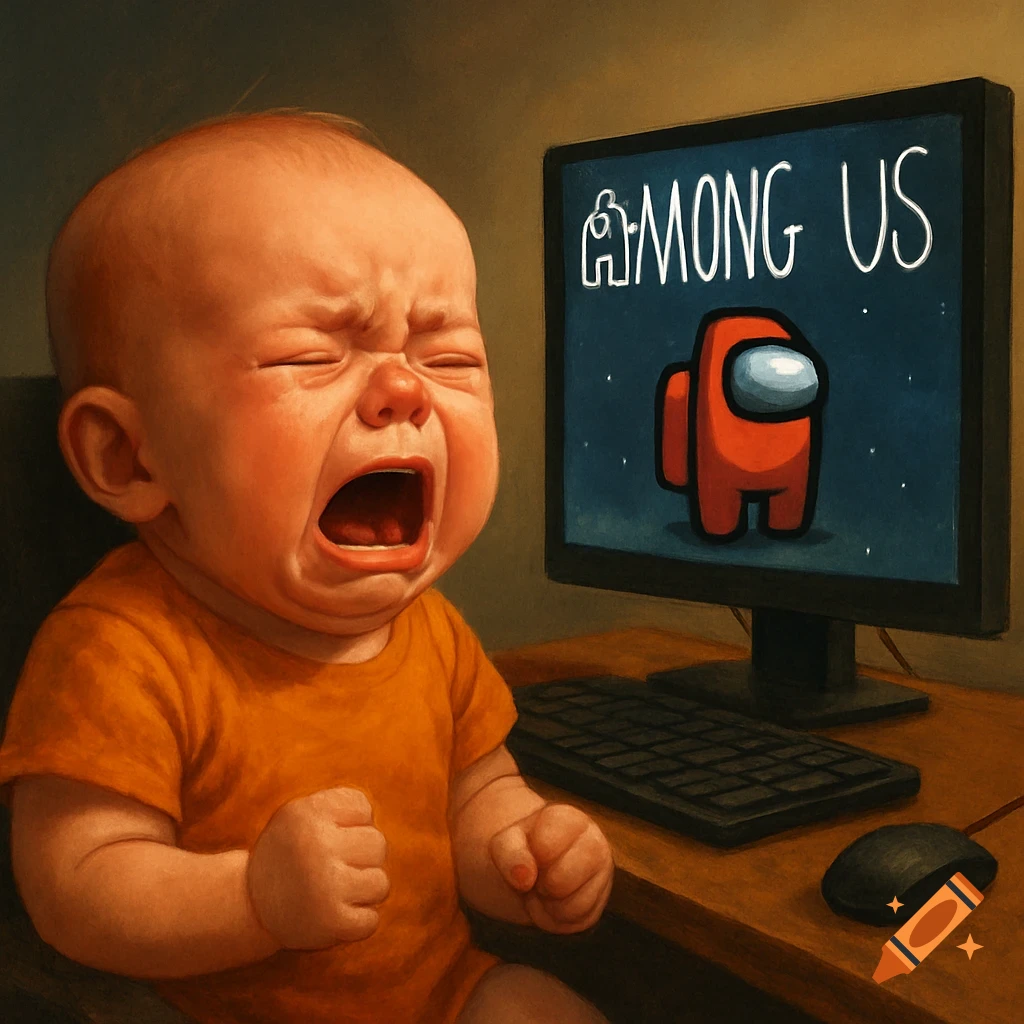A crying baby sits in front of a computer screen displaying the game ...