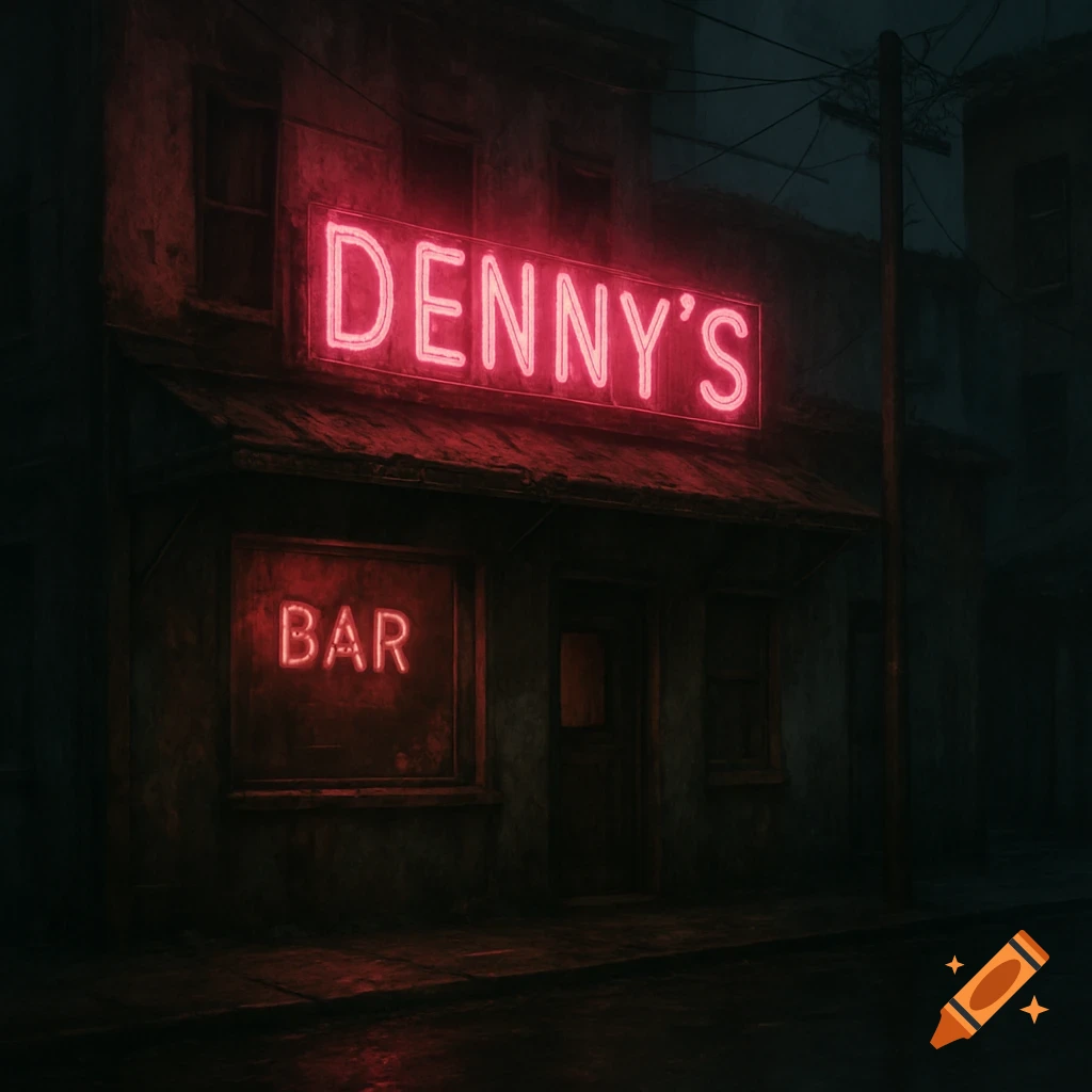 Run-down bar building at night with red neon signs saying 'DENNY'S' and ...