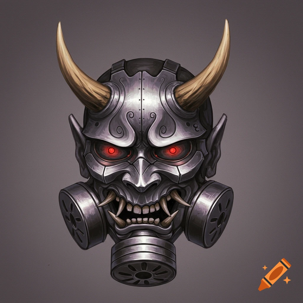 Detailed illustration of a metallic oni mask with gas mask vents and ...