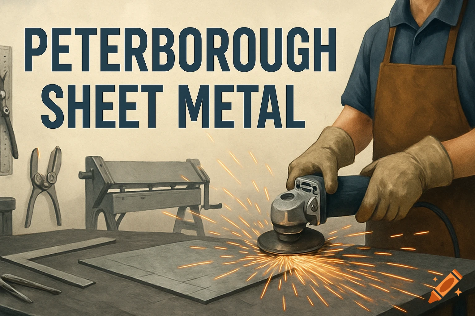Man grinding metal in a workshop with sparks, text reads Peterborough Sheet Metal on Craiyon
