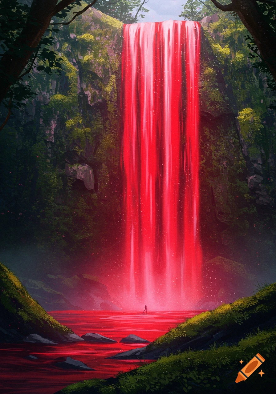 A vibrant red waterfall cascades down a mossy cliff into a pool of red ...