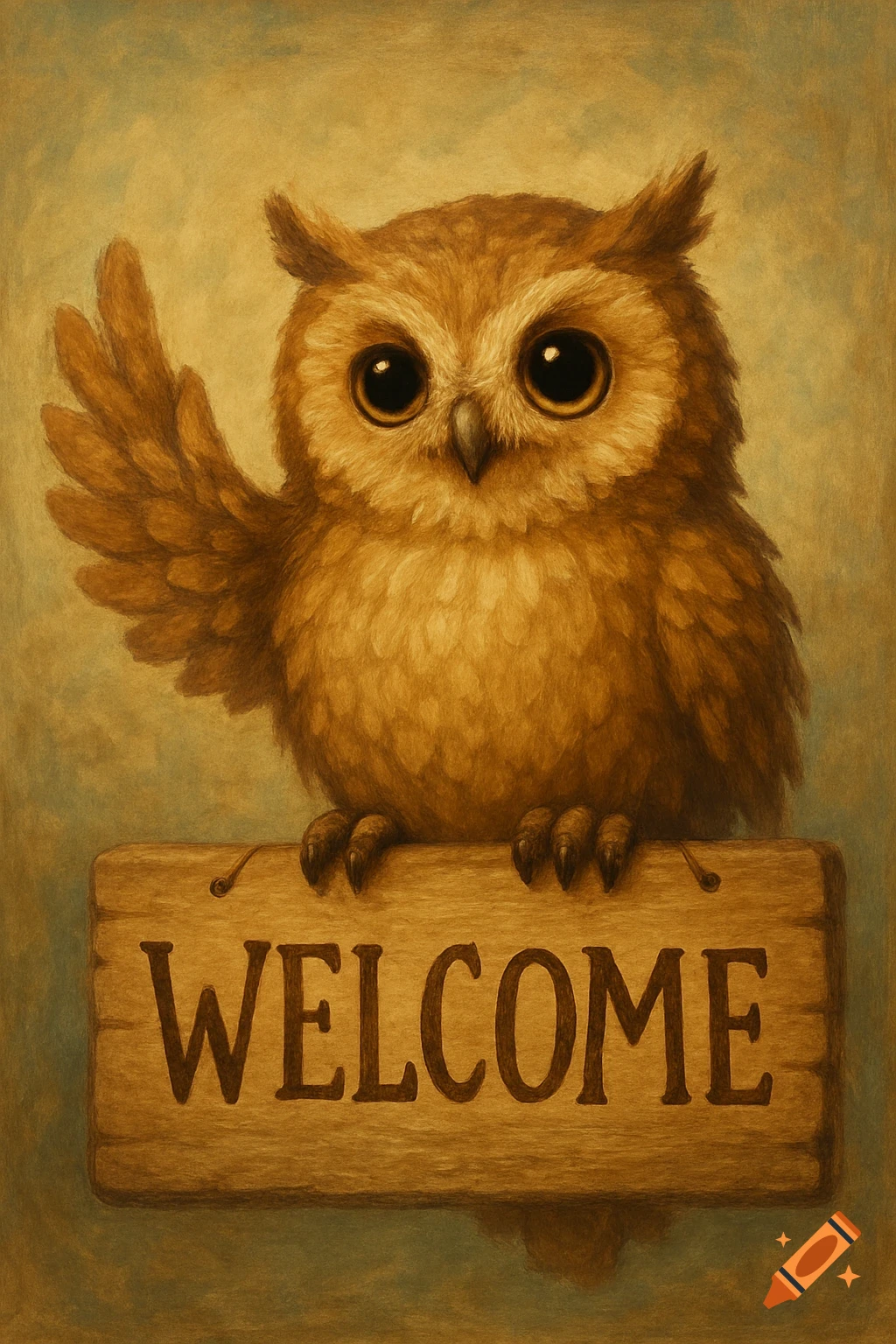 A cute brown owl waves while holding a wooden sign that says 'WELCOME ...