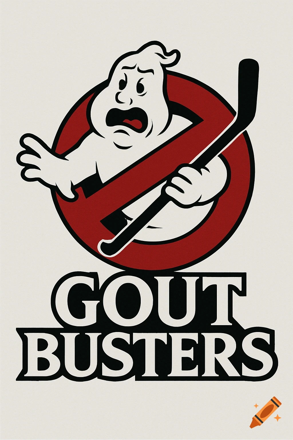 Logo parodying Ghostbusters symbol with character holding hockey stick ...