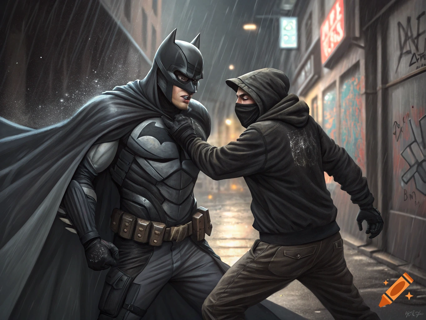Batman confronts a hooded figure in a dark, rainy alley. Digital ...