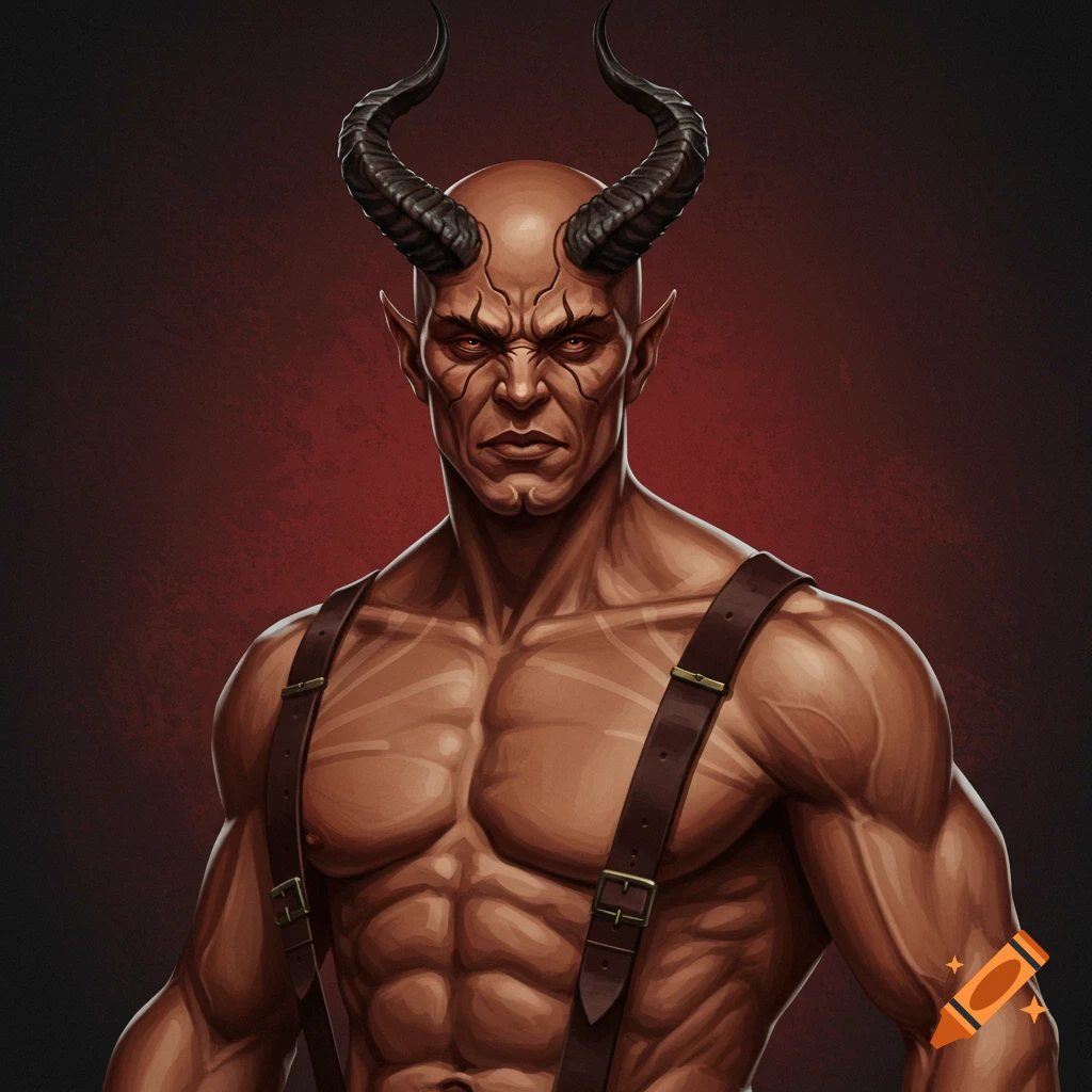 Muscular bald demon man with horns, red eyes, and facial markings ...