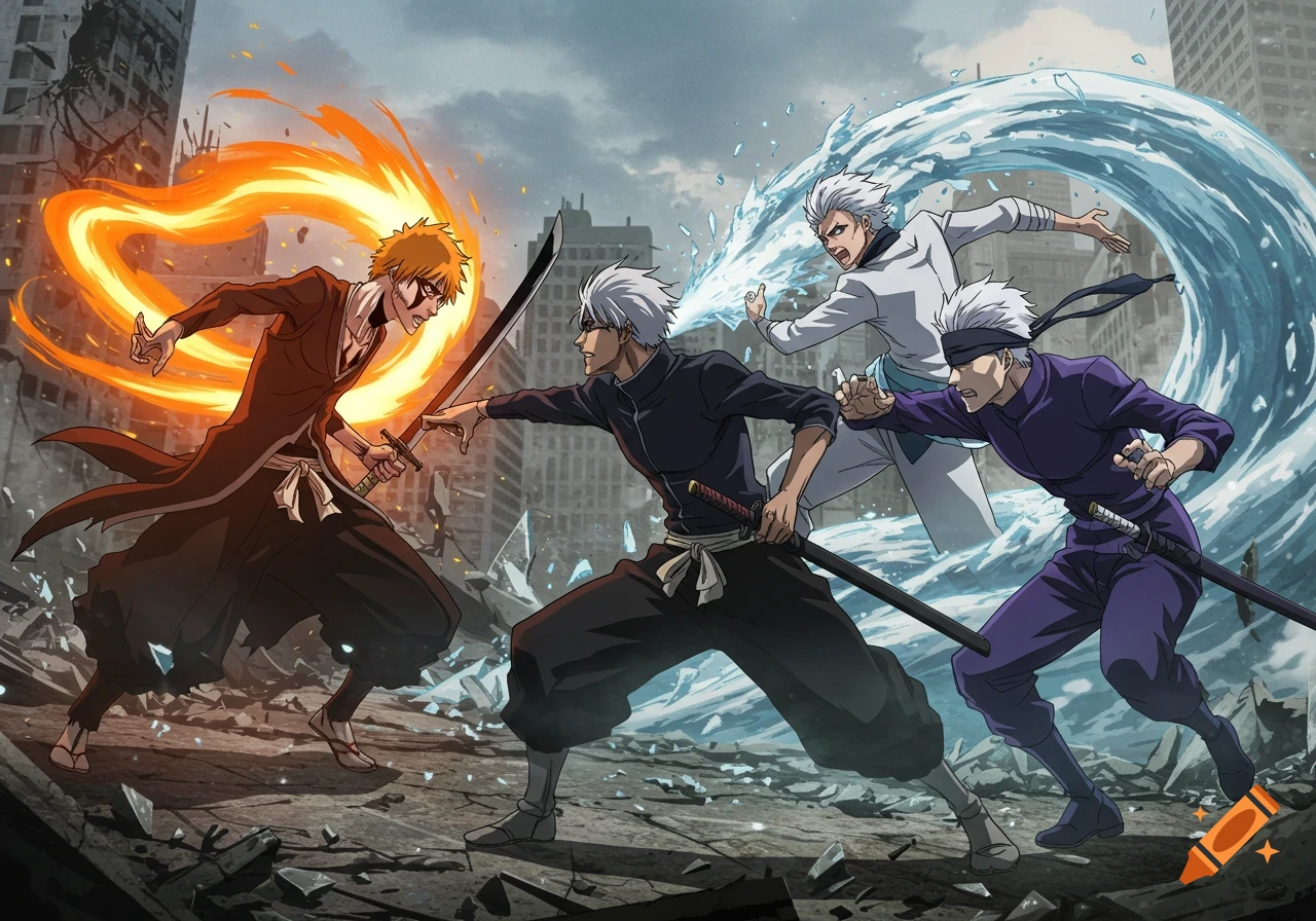 Anime characters Ichigo, Toshiro, and Gojo fighting in a ruined city ...