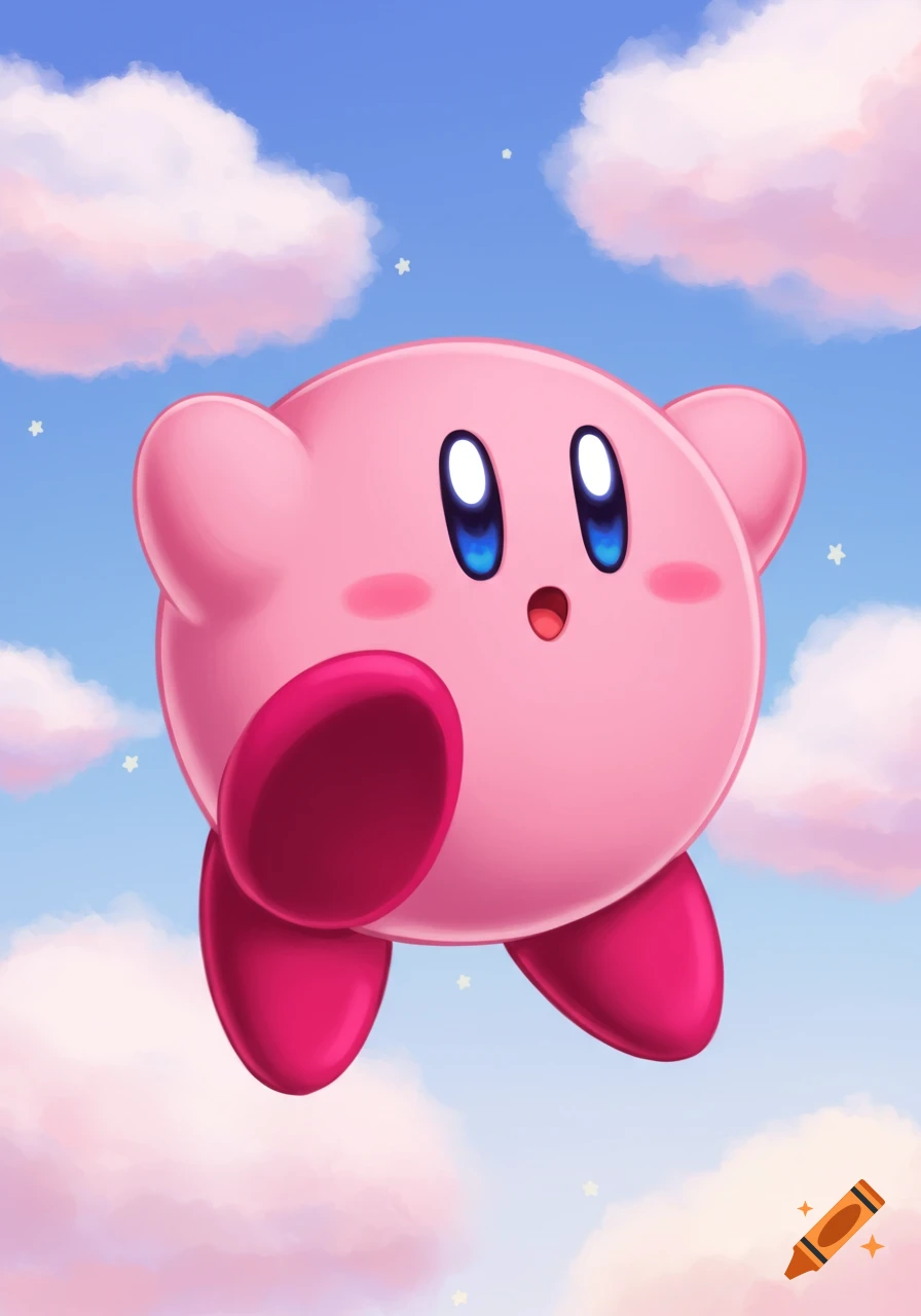Illustration of the pink video game character Kirby floating in a sky ...