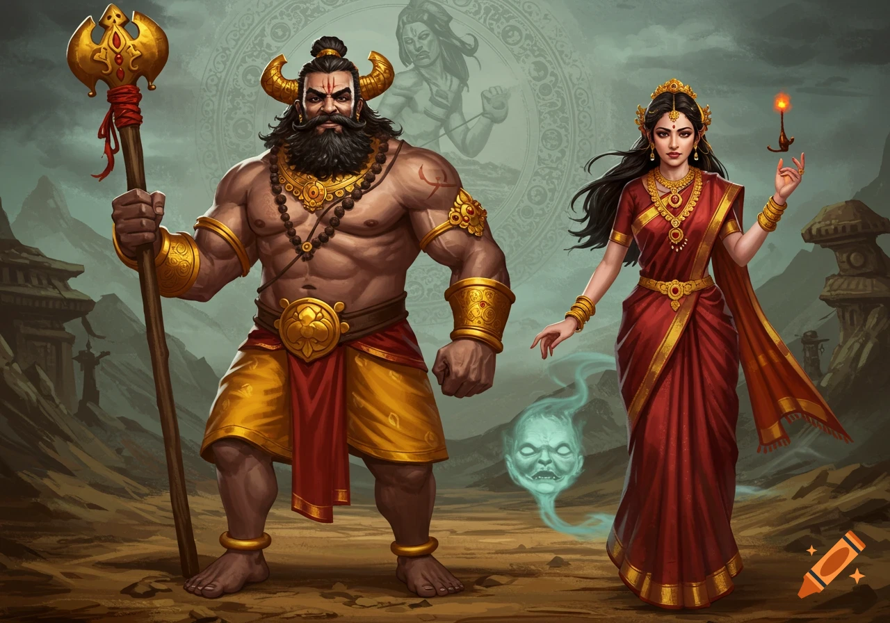 A strong male Yaksha and an elegant female Yakshini stand in a desert ...